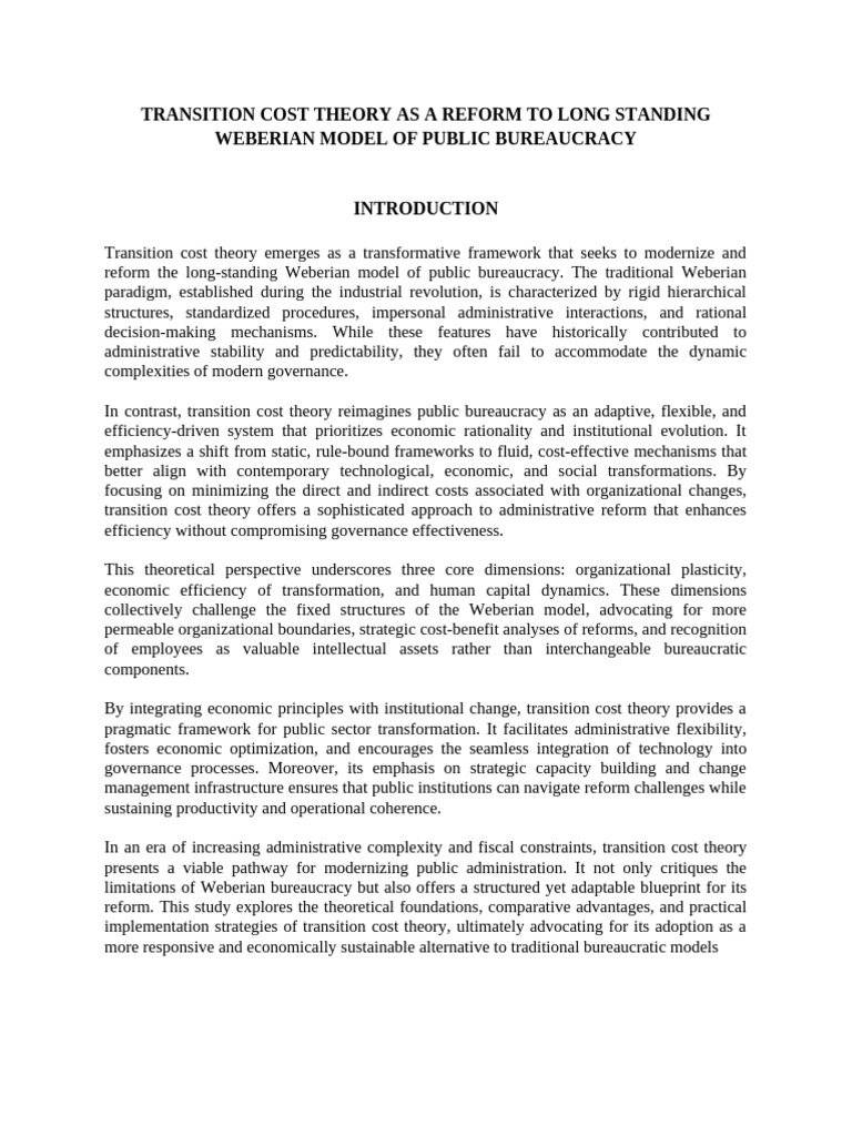 Transition Cost Theory Reforming The Weberian Bureaucratic Paradigm ...