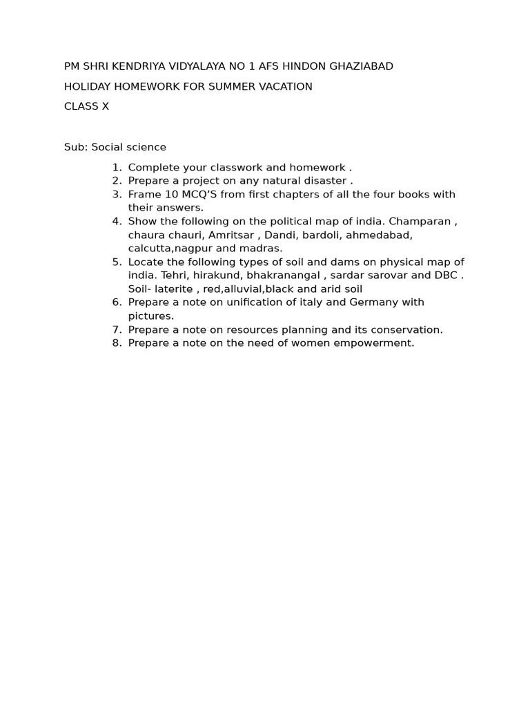 Summer Vacation HHW Class X | PDF