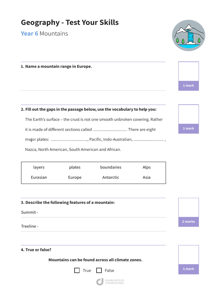 Quiz Geography Y6 Mountains | PDF | Mountains | Geology