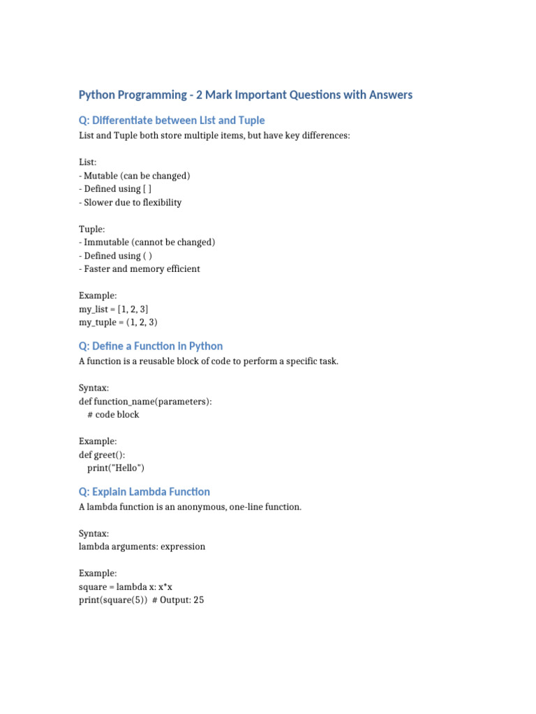 Python 2 Marks Important Questions | PDF