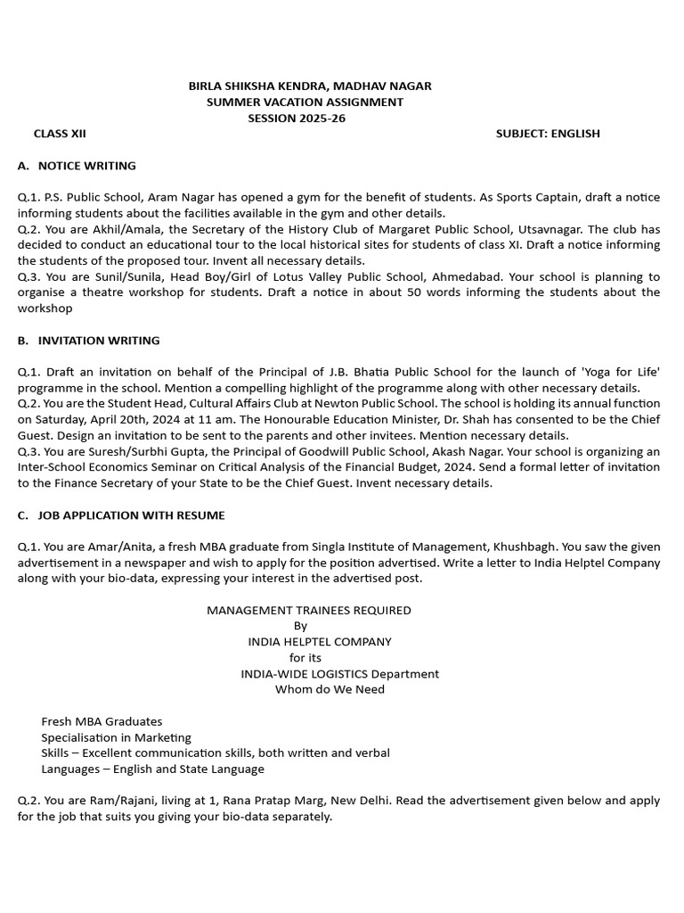 Summer Vacation Work Assignment Class Xii | PDF