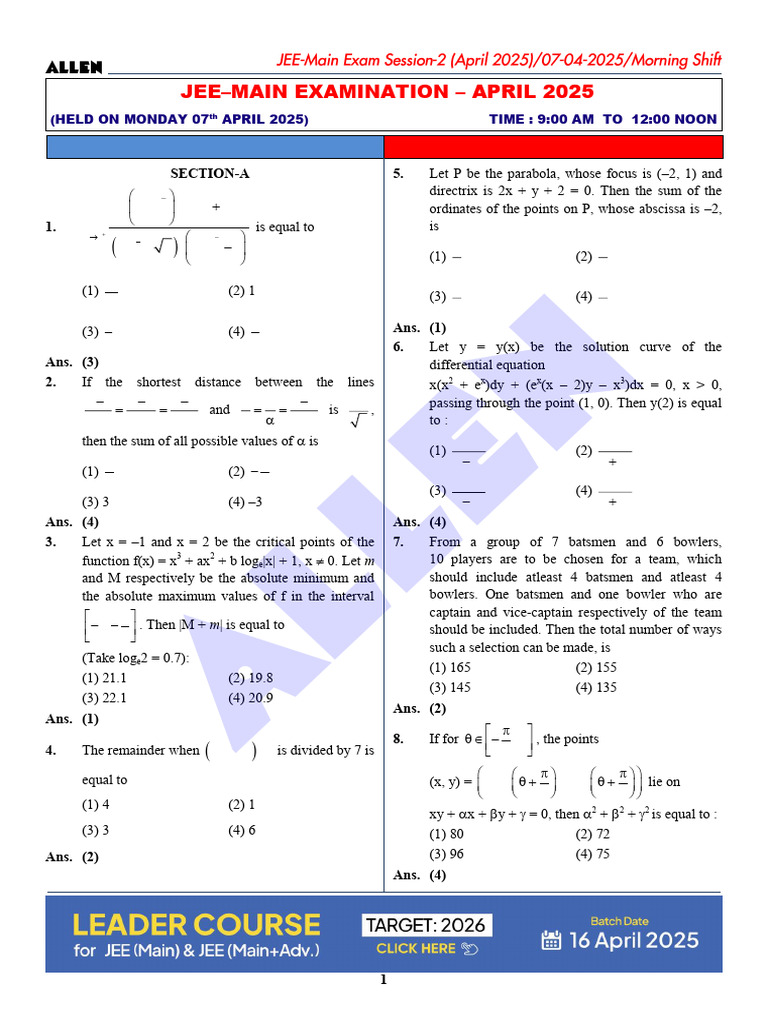 07 April Shift 1 Mathematics Ans | PDF | Function (Mathematics) | Elementary Mathematics