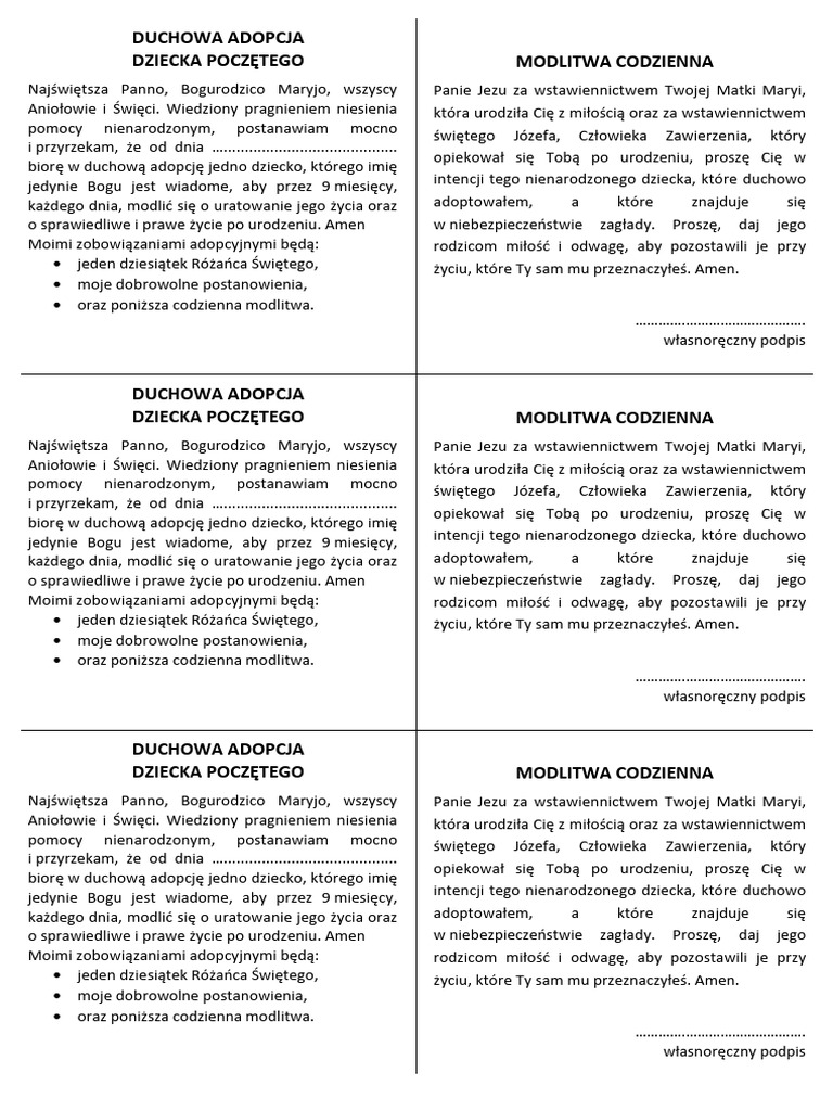 Duchowa Adopcja Dziecka Poczętego Modlitwa Codzienna | PDF