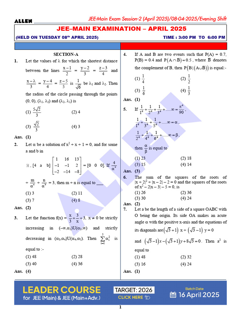 08 April Shift 2 Mathematics Ans | PDF | Mathematical Analysis | Mathematical Physics