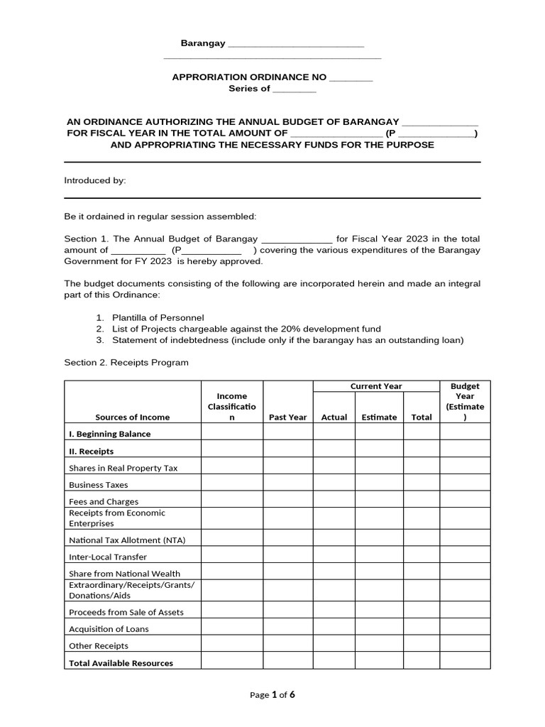 Barangay Appropriation Ordinance - Revised Blank | PDF | Budget ...
