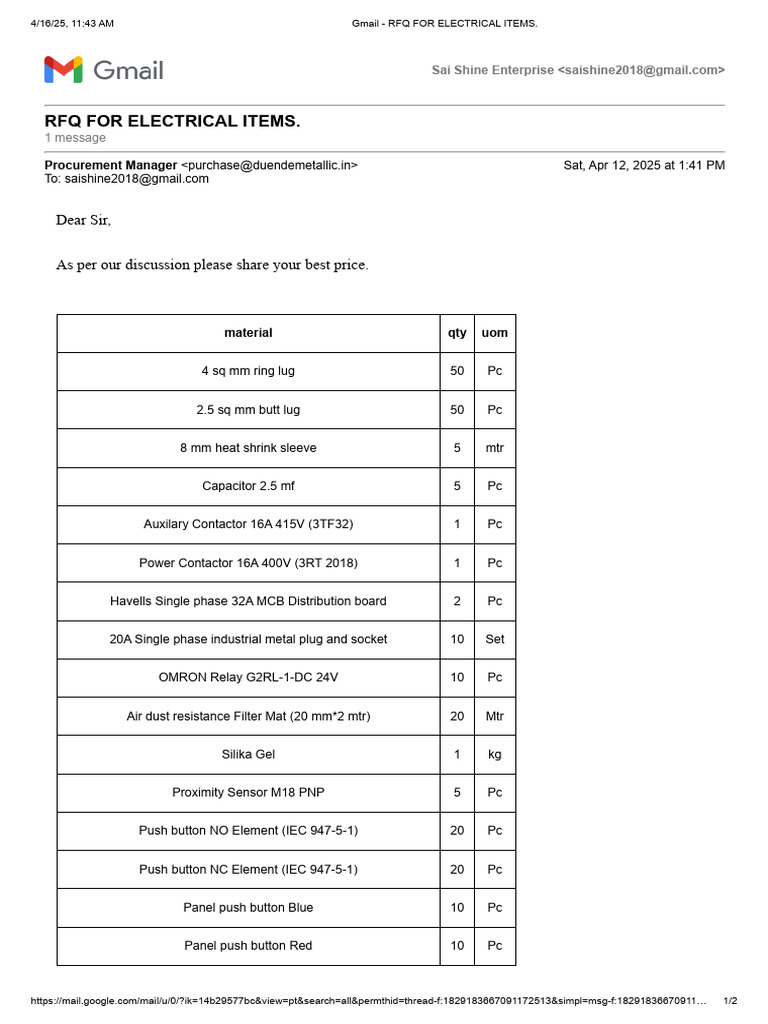 Gmail - RFQ For Electrical Items | PDF | Components | Equipment