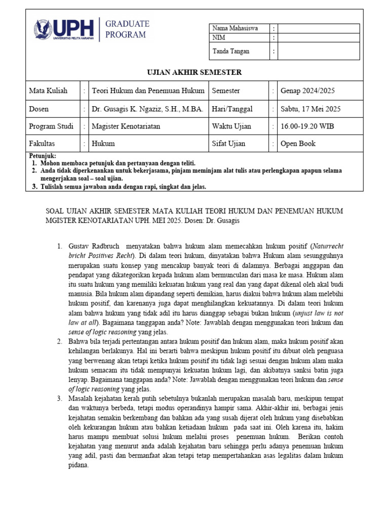 Soal - Uas - Teori Hukum Dan Penemuan Hukum - MKN - Uph - 2025mei - Gusagis | PDF