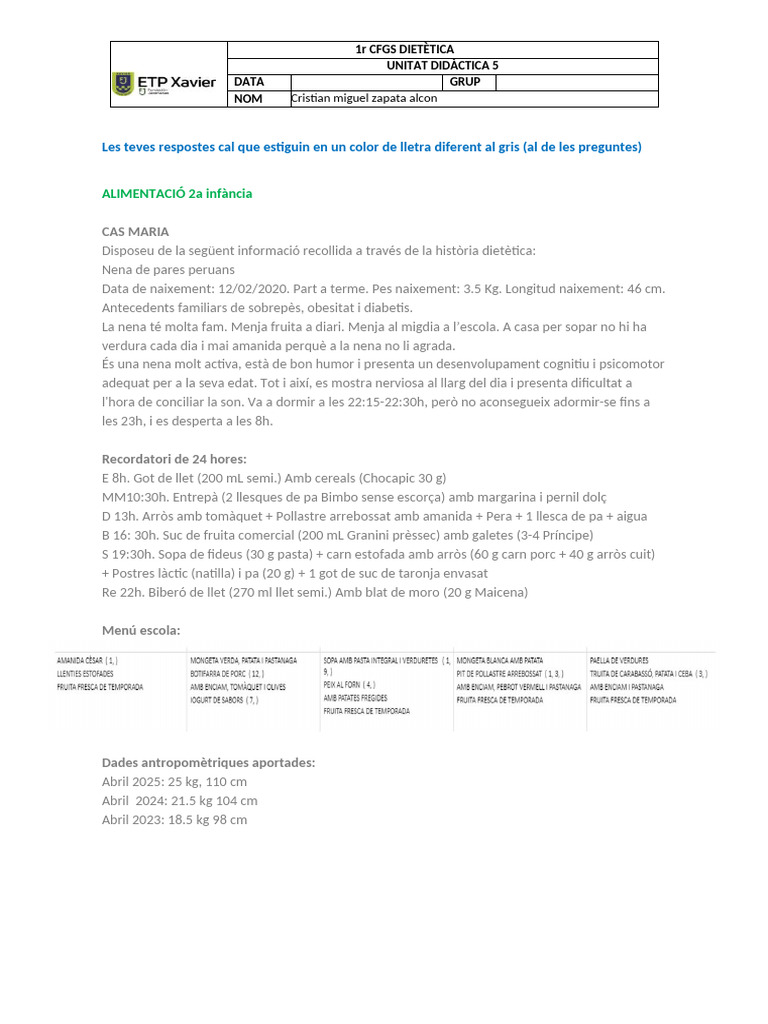 Tasca UD5.2 NA1 Alimentacio 2a InfanciaCRISTIAN ZAPATA ALCON | PDF