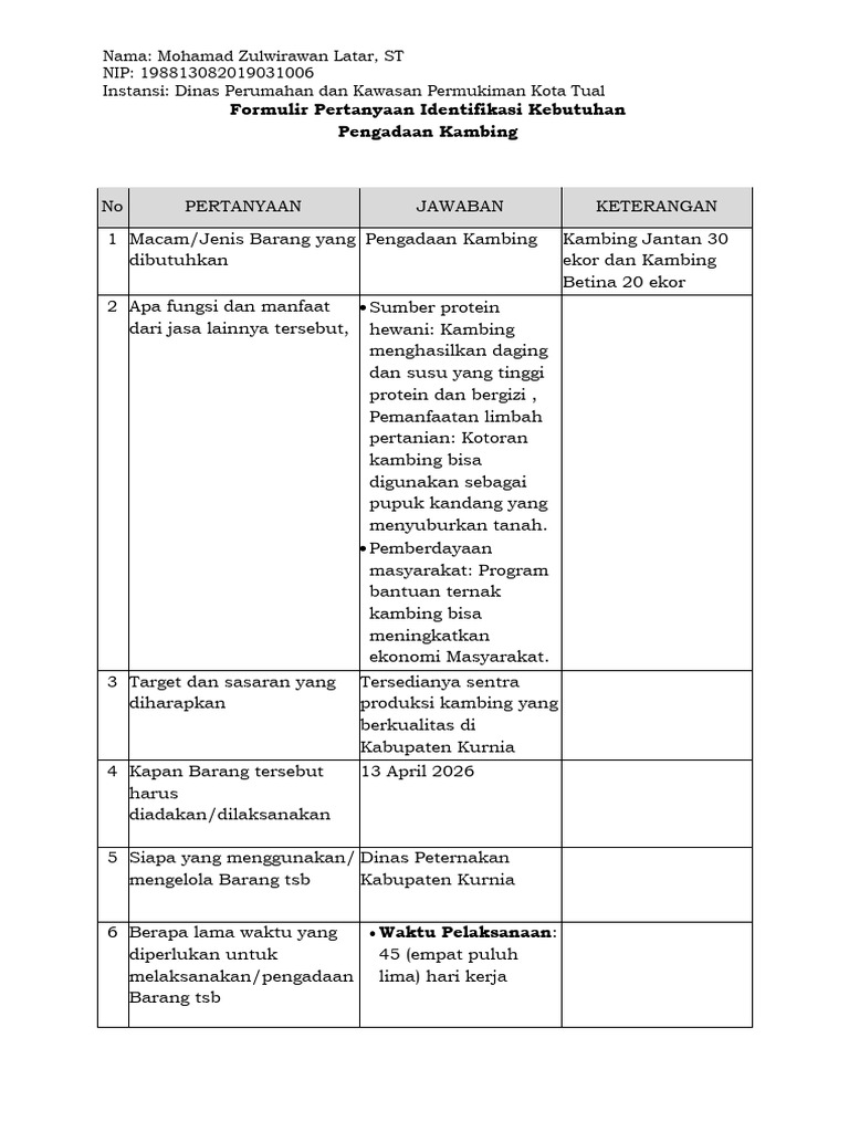 Formulir Identifikasi Kebutuhan Kambing | PDF
