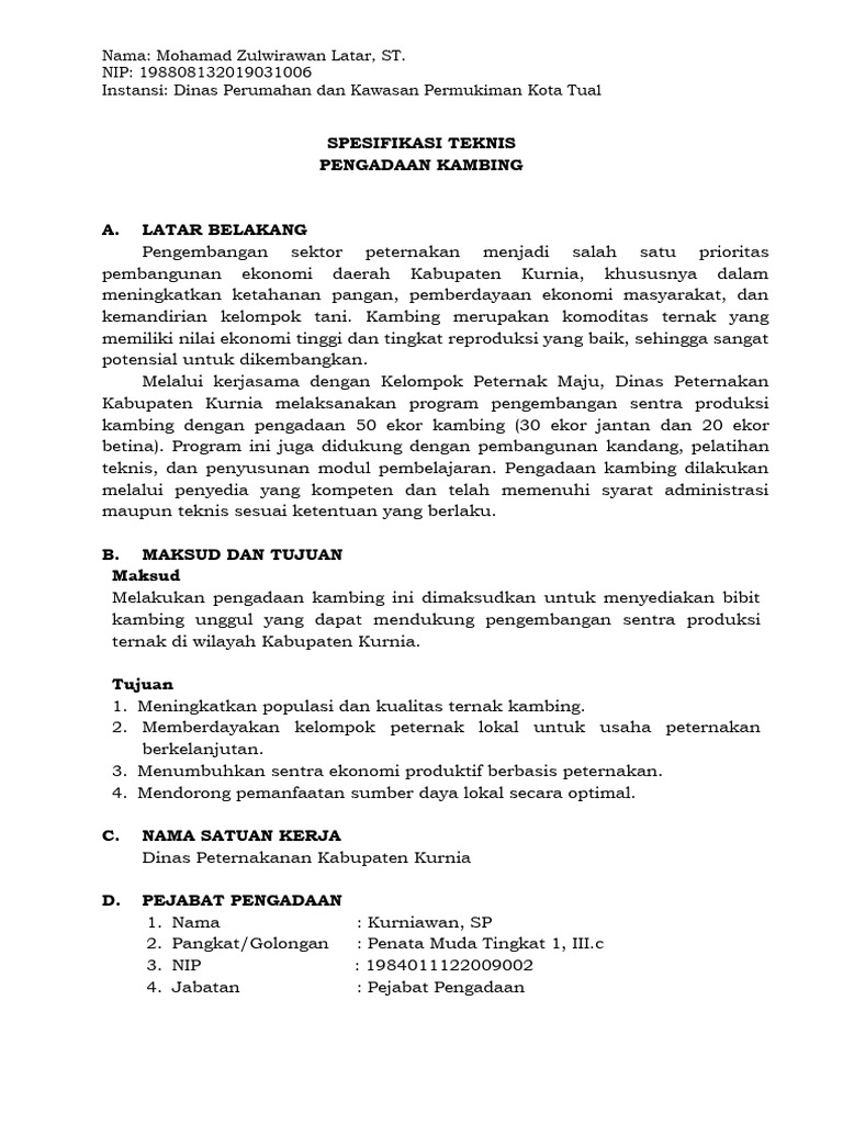 Lampiran 2 - Form Spesifikasi Teknis Pengadaan Kambing (Revisi) | PDF