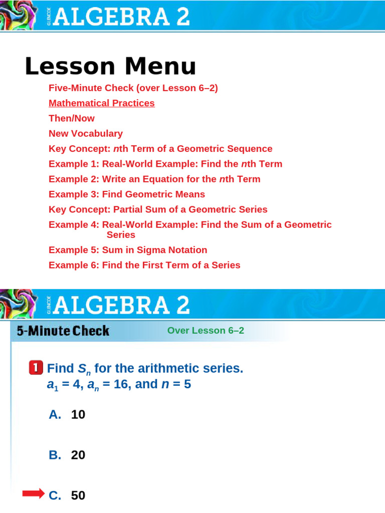 Lesson Presentation Geometric Sequences and Series | PDF | Summation | Arithmetic