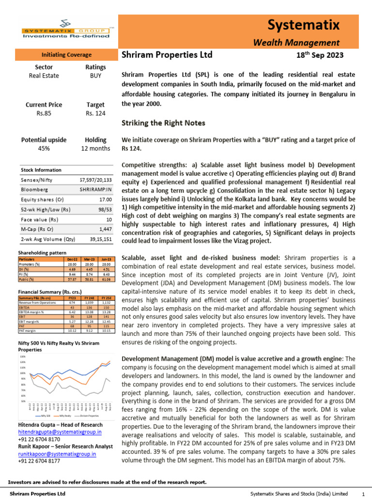 Systematix PCG Research Initiating Coverage Shriram Properties Limited | PDF | Interest | Equity ...