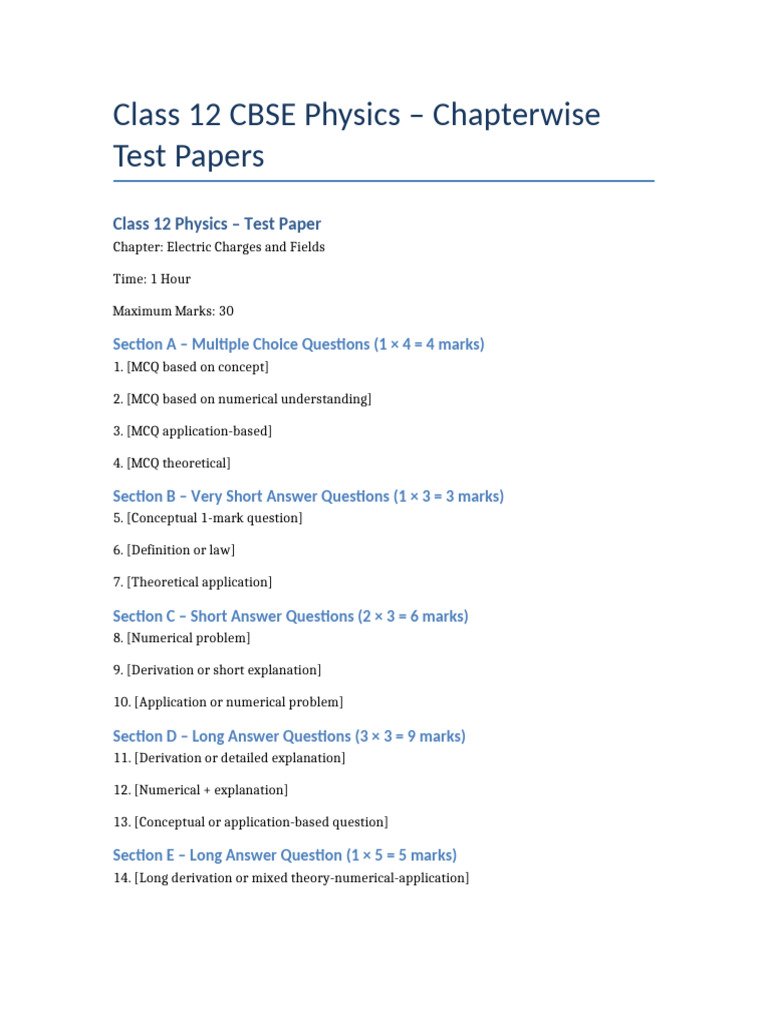 Class 12 Physics Chapterwise Tests | PDF | Multiple Choice | Theory