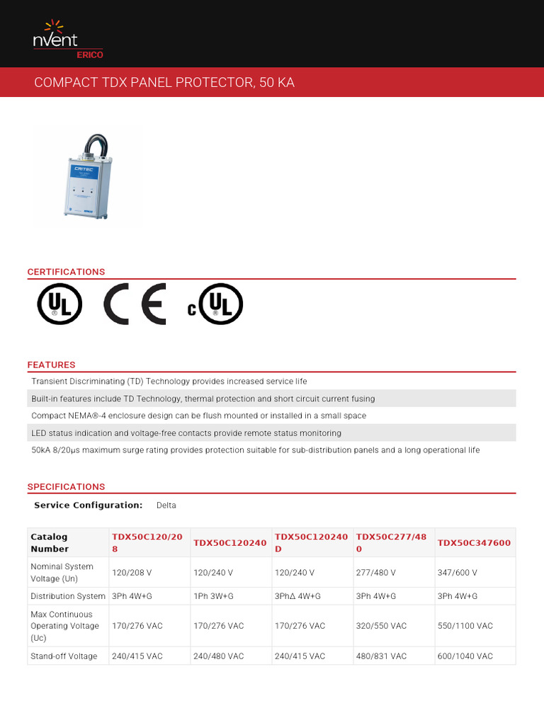 Nvent ERICO Compact TDX Panel Protector 50 Ka | PDF | Alternating Current | Power (Physics)