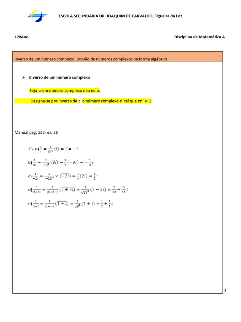 2025 - Fórmula Algébrica - Inverso e Divisão de Números Complexos | PDF