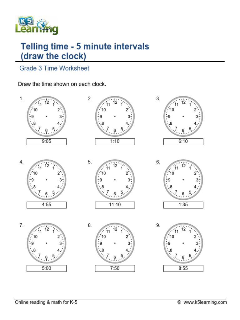 Grade 3 Telling Time Worksheet - Draw Clock To 5 Minute Intervals-3 | PDF