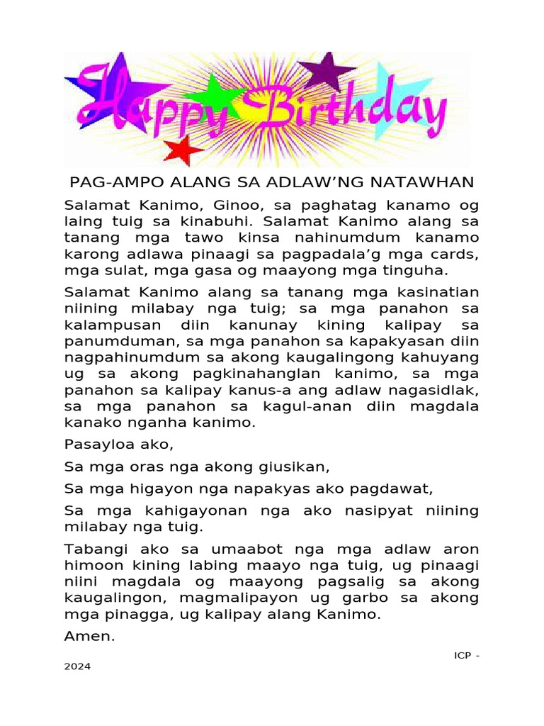 Pag-Ampo Sa Adlaw'Ng Natawhan | PDF