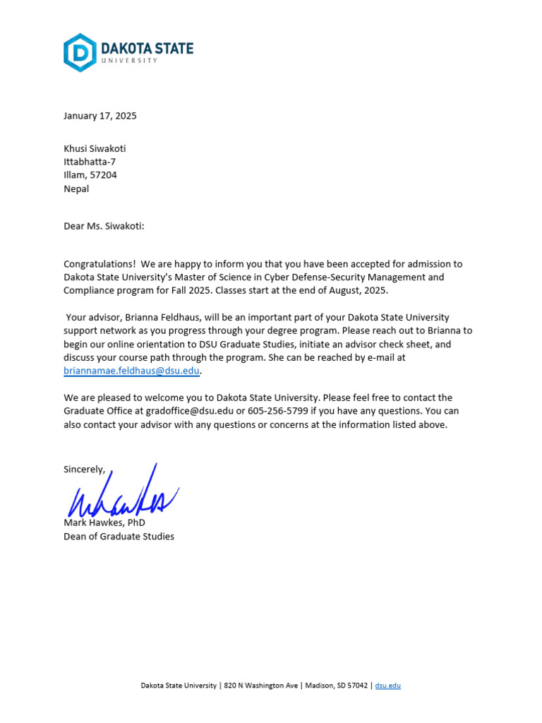 Admission Letter DSU | PDF