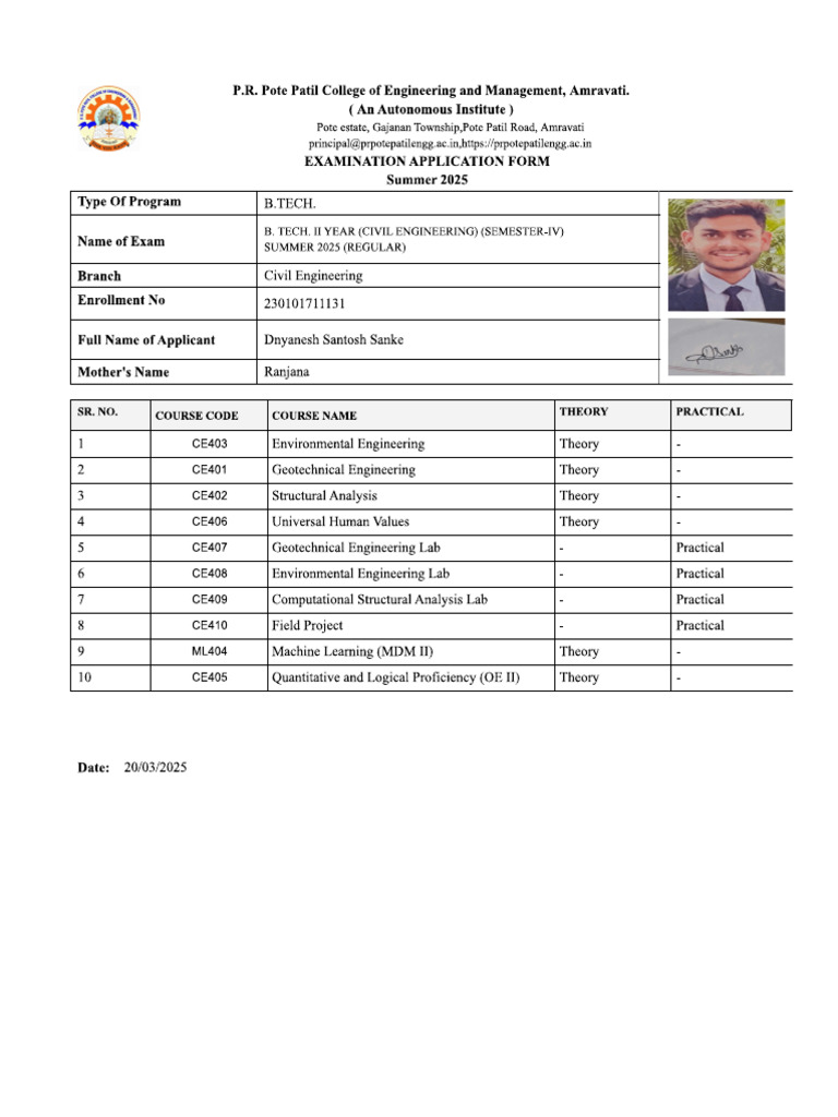 Dnyanesh Sanke Exam Form | PDF