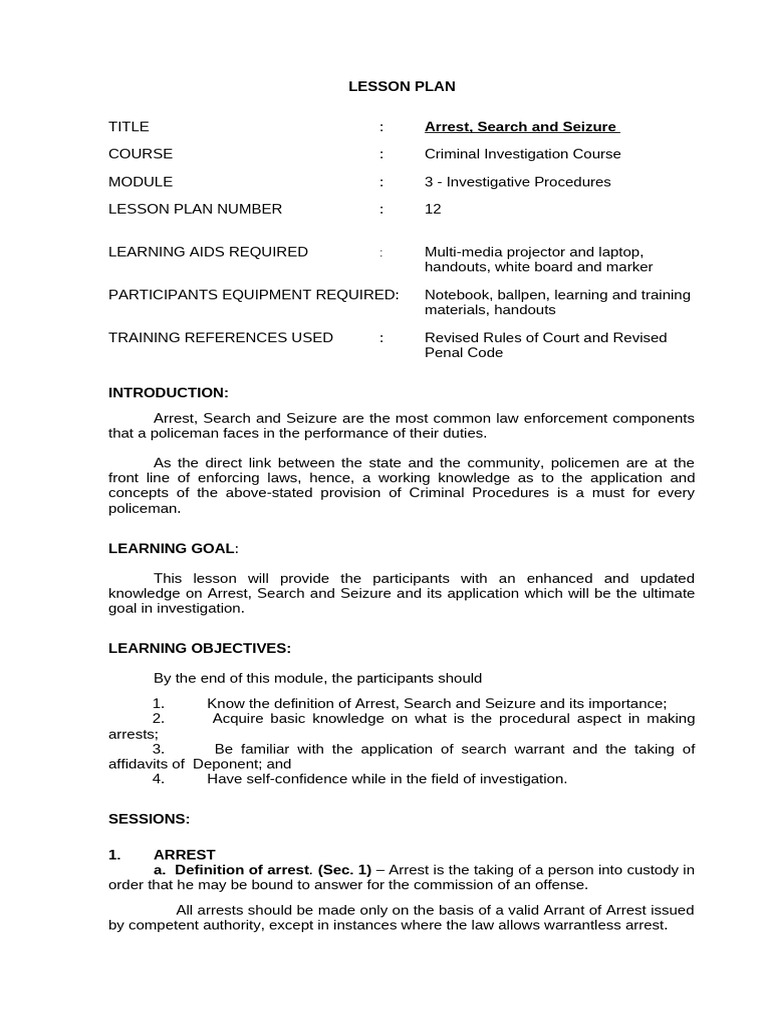 Arrest, Search & Seizure Training Guide | PDF | Search Warrant | Search ...