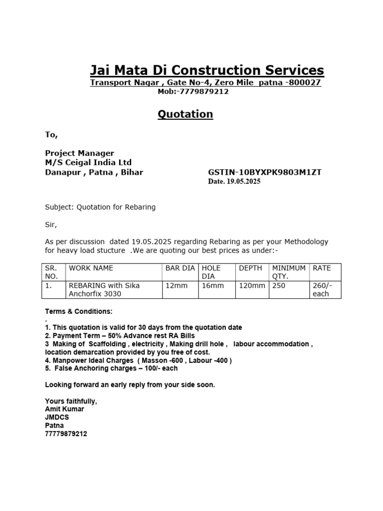 Quotation for Rebaring Services | PDF
