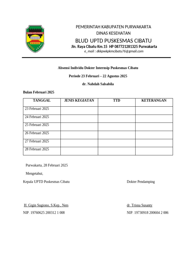 Absensi Dokter Internsip Puskesmas Cibatu | PDF