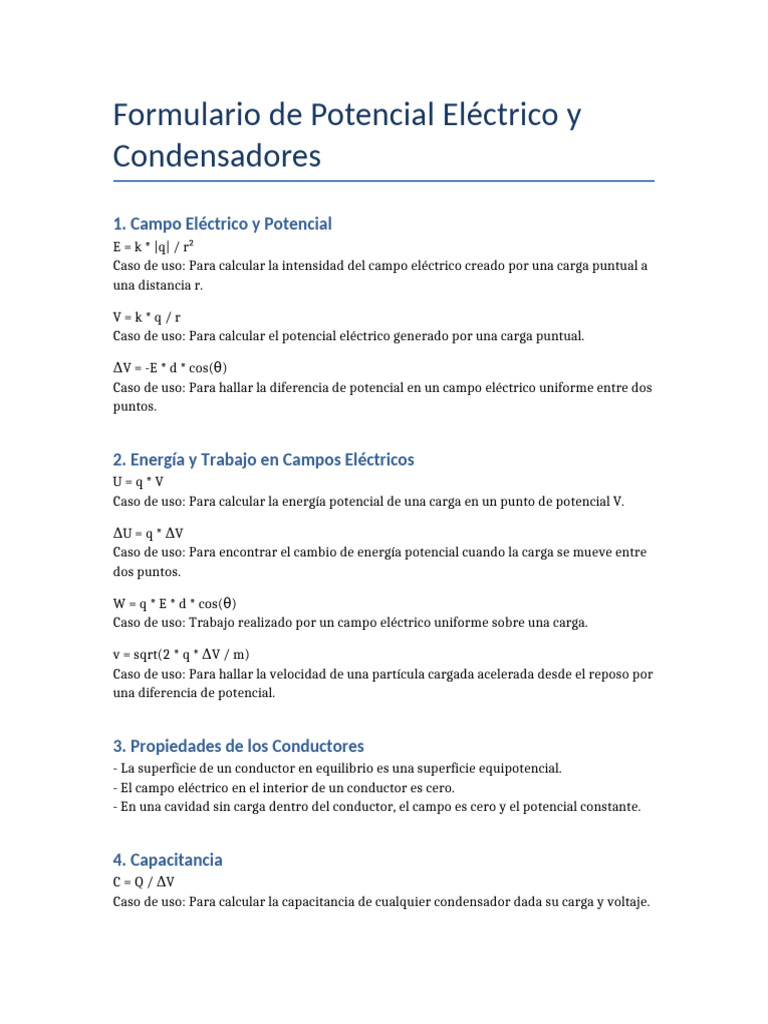 Formulario Potencial Condensadores | PDF