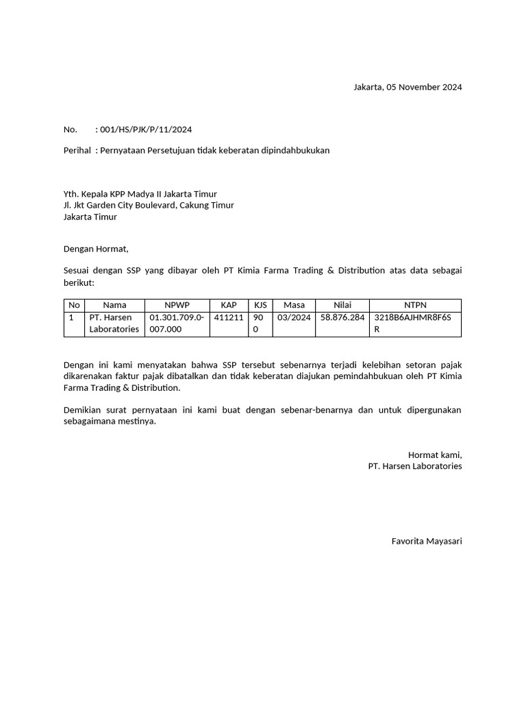 CTH Surat Pernyataan Tidak Keberatan Pbk. KFTD | PDF