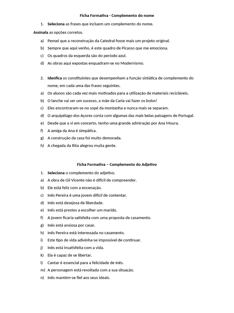 Ficha Formativa - Complemento Do Adjetivo e Do Nome | PDF
