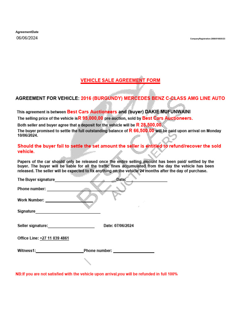 Best Cars Auctioneers Sales Agreement Form MUFUNWAINI | PDF