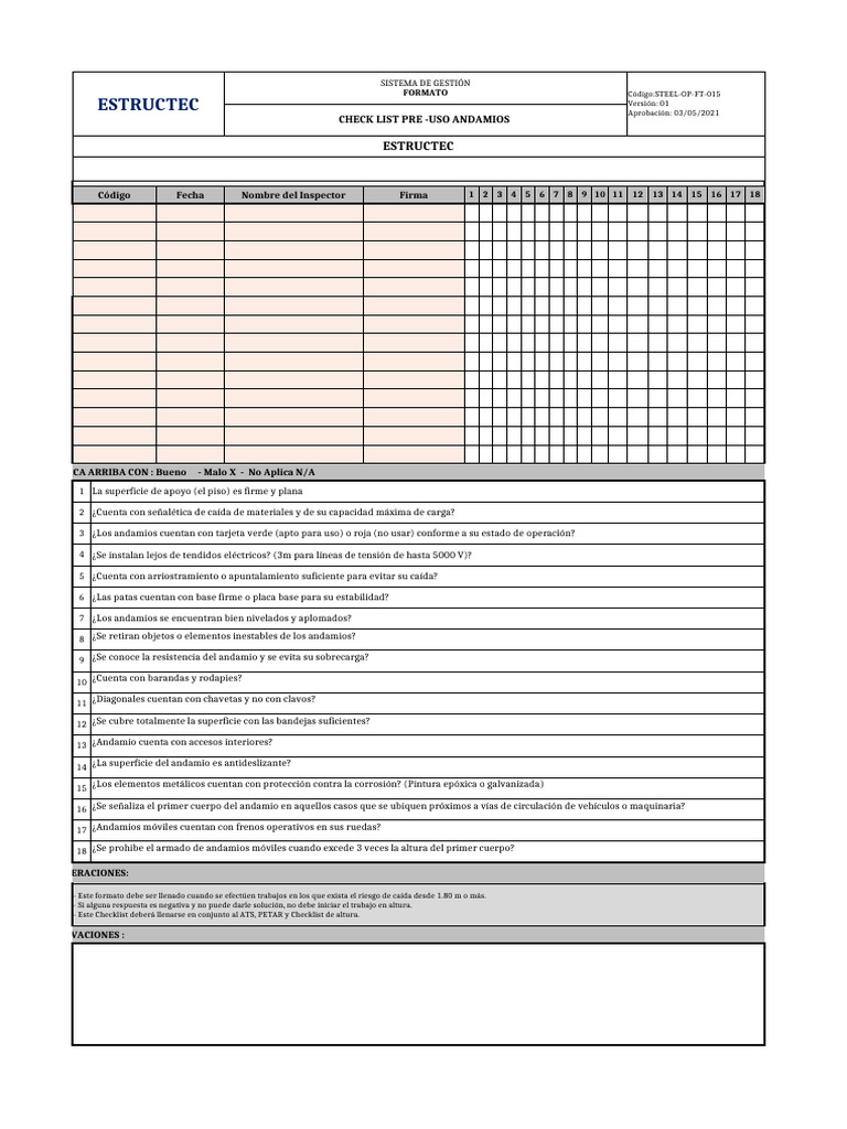FT - Check List Pre Uso Andamios 015 | PDF