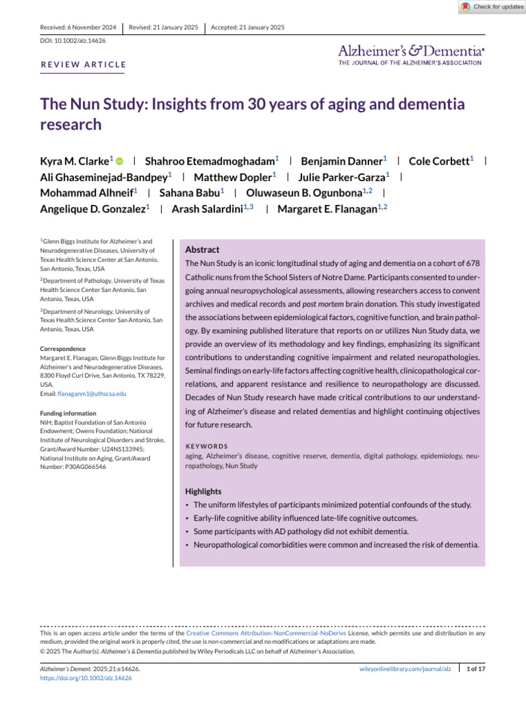 Alzheimer S Dementia - 2025 - Clarke - The Nun Study Insights From 30 ...