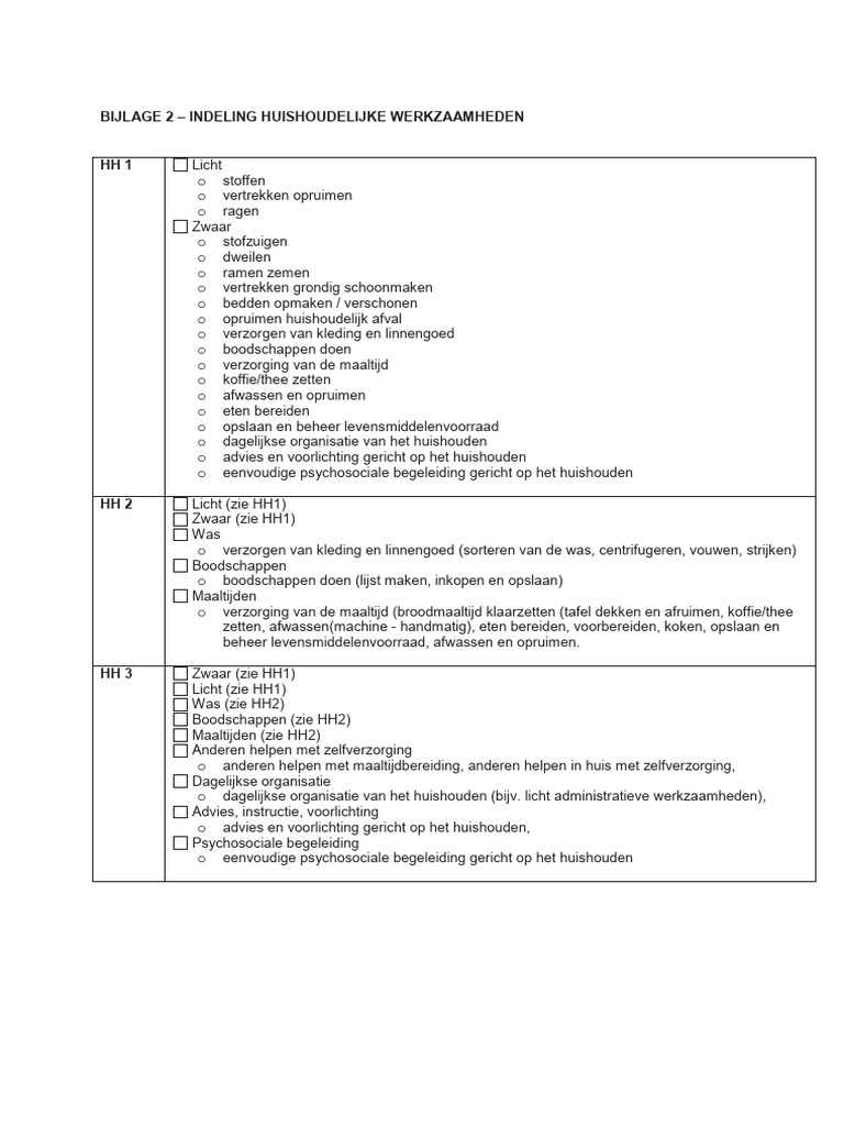 Bijlage 2 - Indeling Huishoudelijke Werkzaamheden | PDF