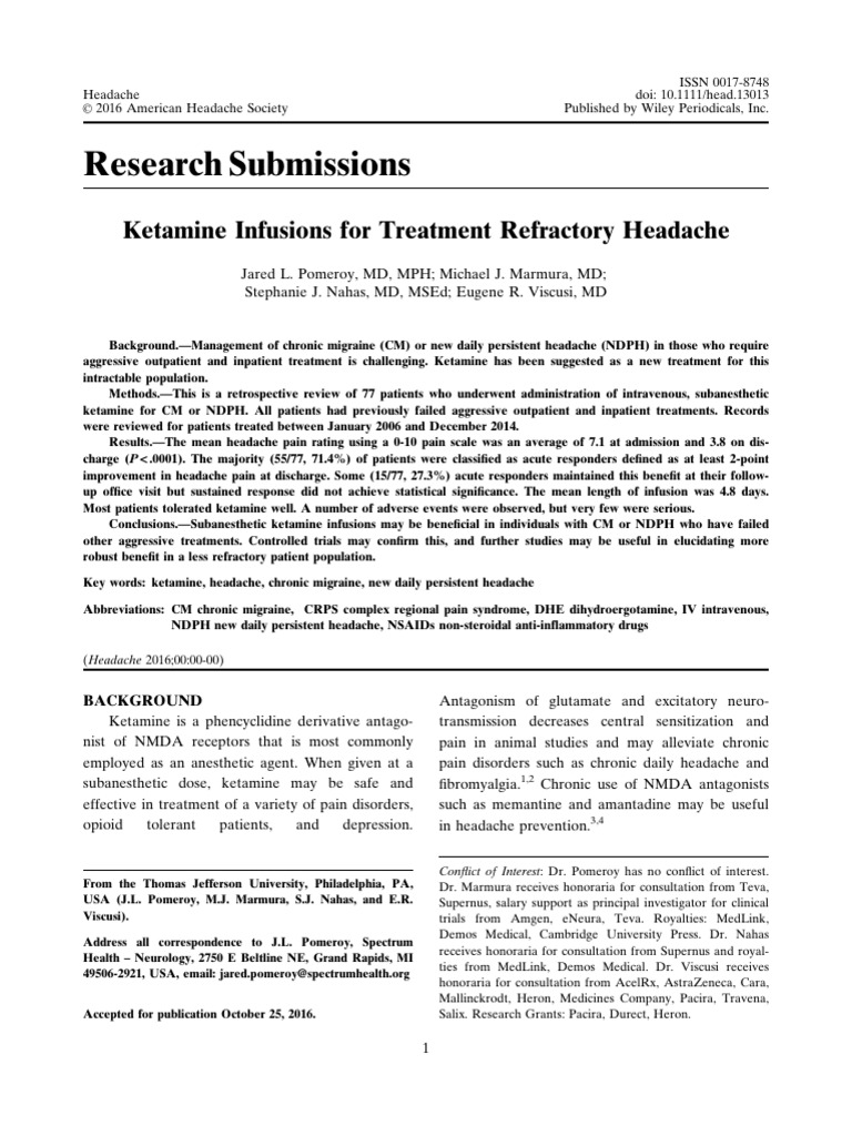 Ketamine Infusions For Treatment Refractory Headache | PDF | Nervous ...