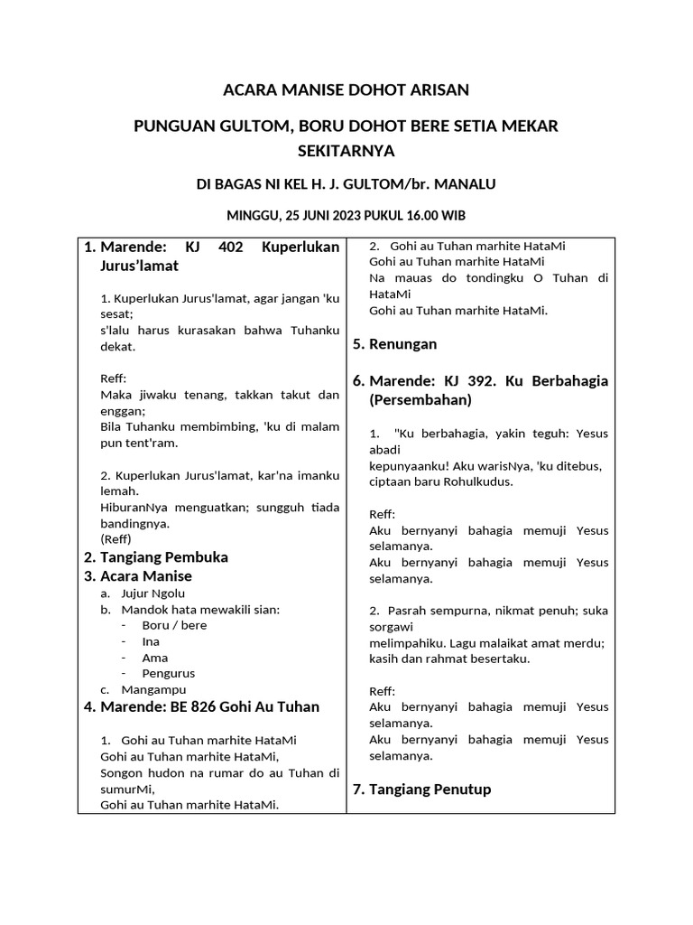 Acara Manise Dohot Arisan | PDF