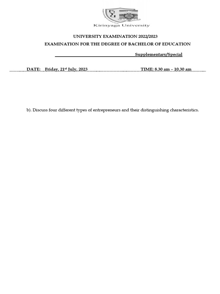 UCU 2104 Entrepreneurship Skills Supplementary & Special | PDF