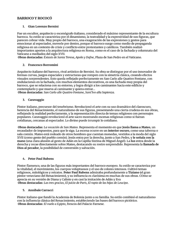 Artistas Barroco, Rococó y Neoclasicismo | PDF | Barroco | Pinturas