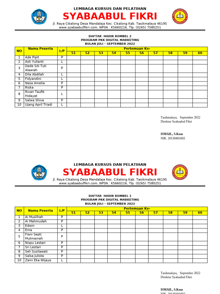 DAFTAR HADIR ROMBEL PESERTA PKK 2022 | PDF