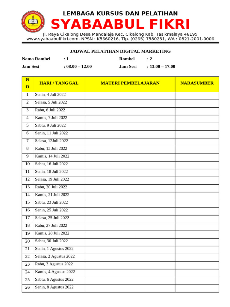 Jadwal Pelatihan DM 2022 | PDF