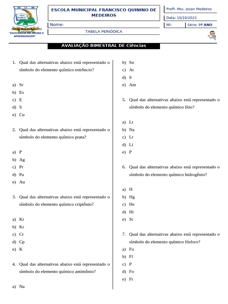 AV1. 9º Ano. Tabela Periódica | PDF