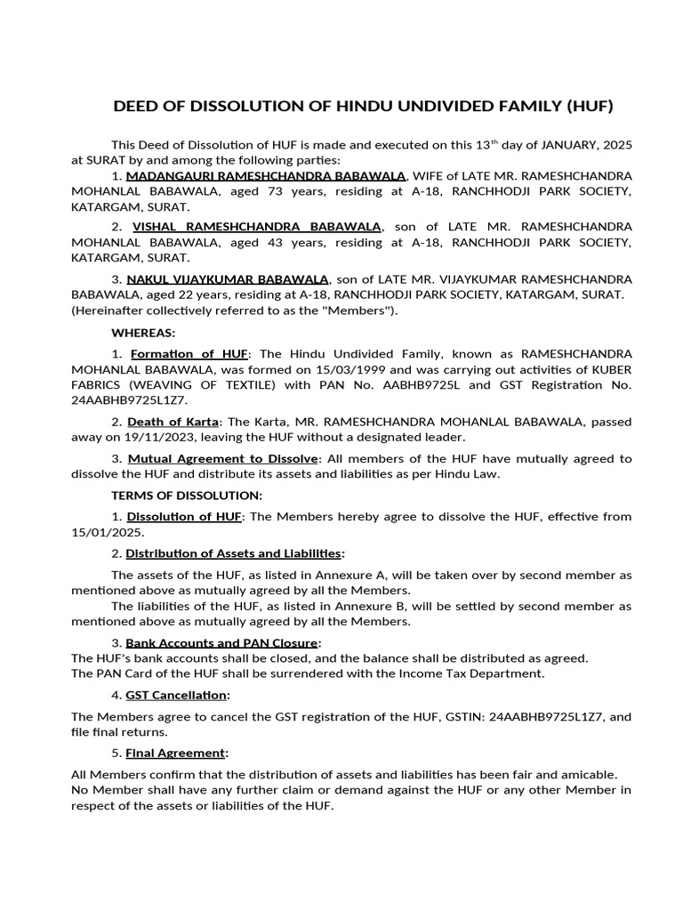 Deed of Dissolution of Hindu Undivided Family | PDF | Taxes | Taxation