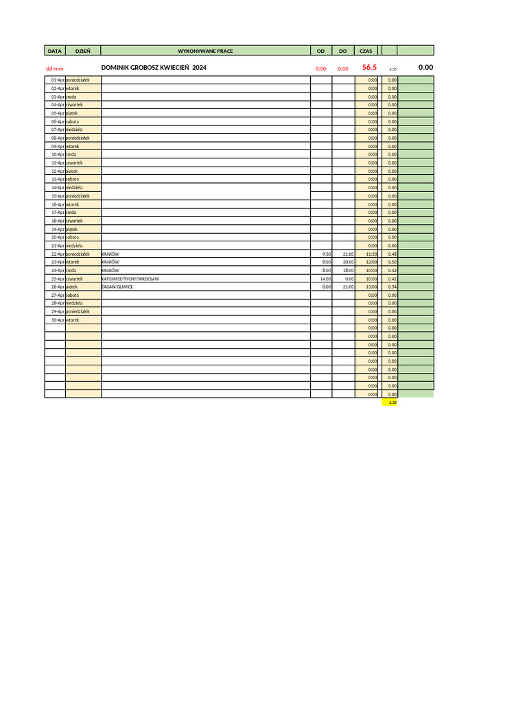 Rozliczenie Godzin Pracy Kwiecień 2024 Dominik Grobosz | PDF