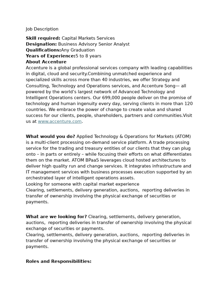 Job Description - Capital Market - CL 10 | PDF | Clearing (Finance ...