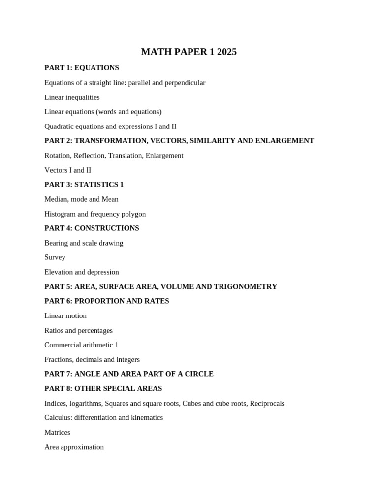 Math Paper 1 2025 Topics | PDF