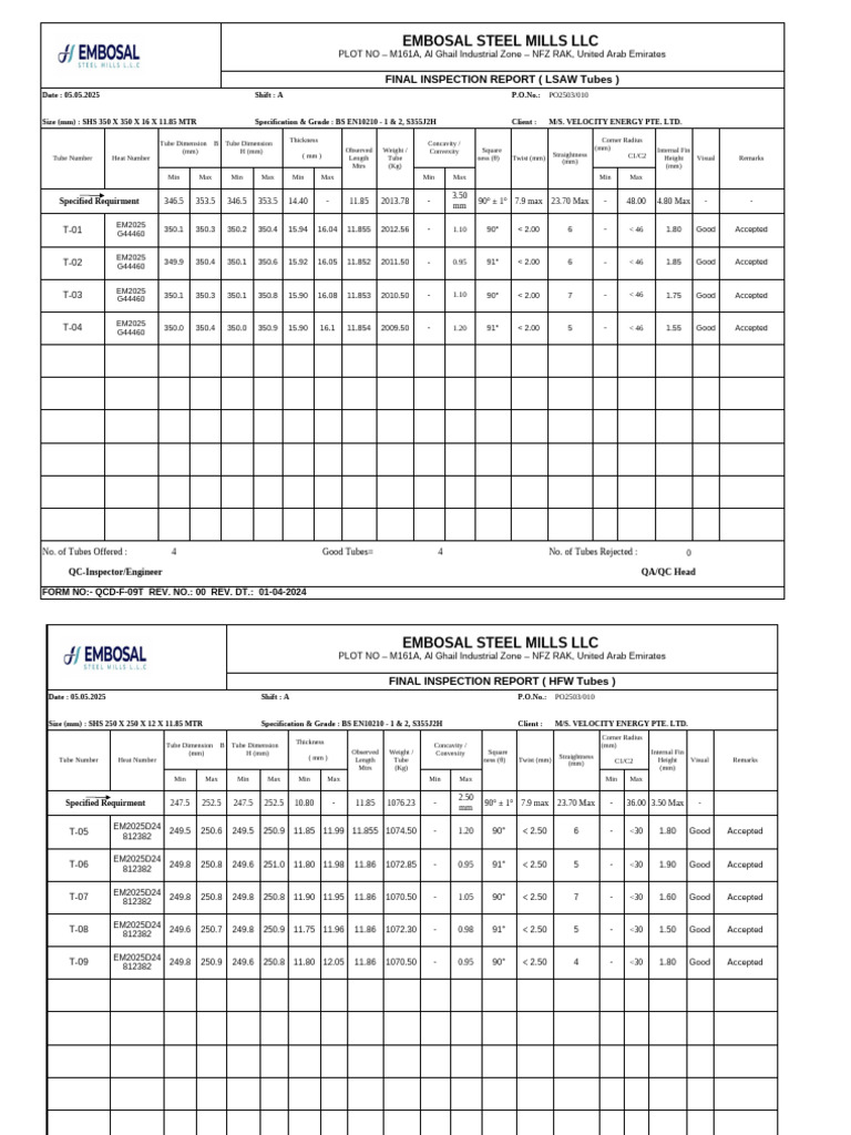 QCD-F-09T Final Inspection Report Tubes | PDF