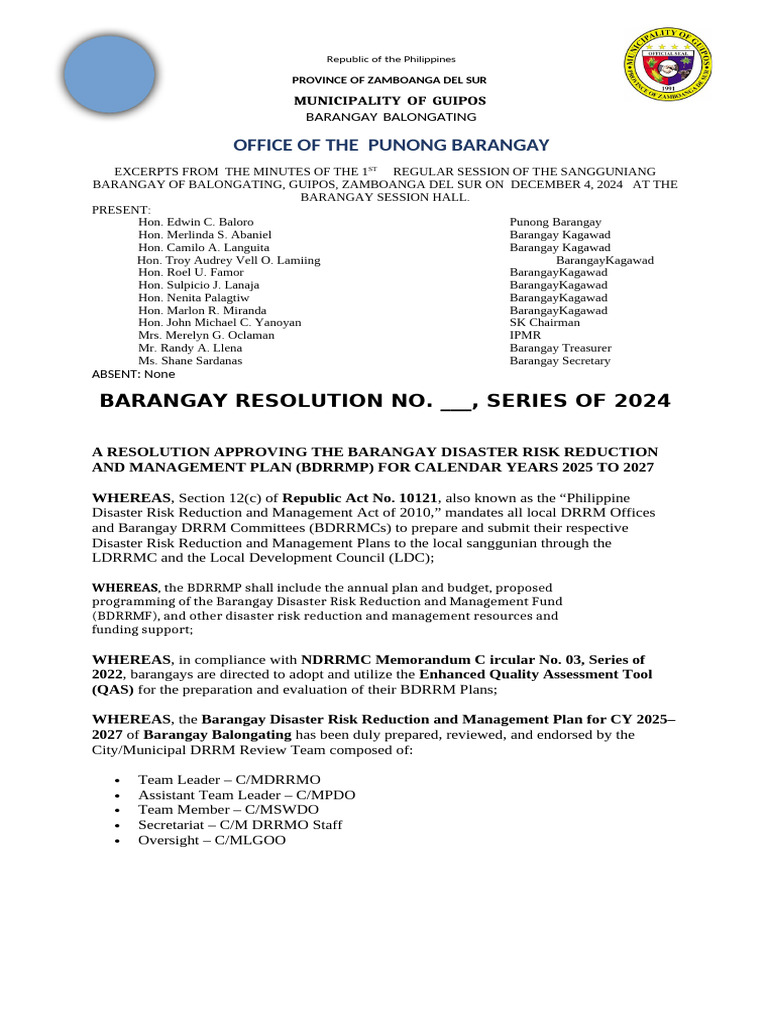 15 A Resolution Approving The Barangay Disaster Risk Reduction and ...
