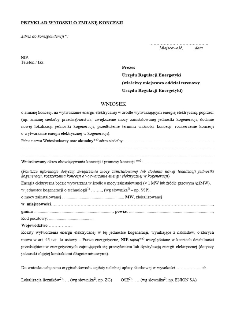 Przyklad Wniosku o Zmiane Koncesji | PDF