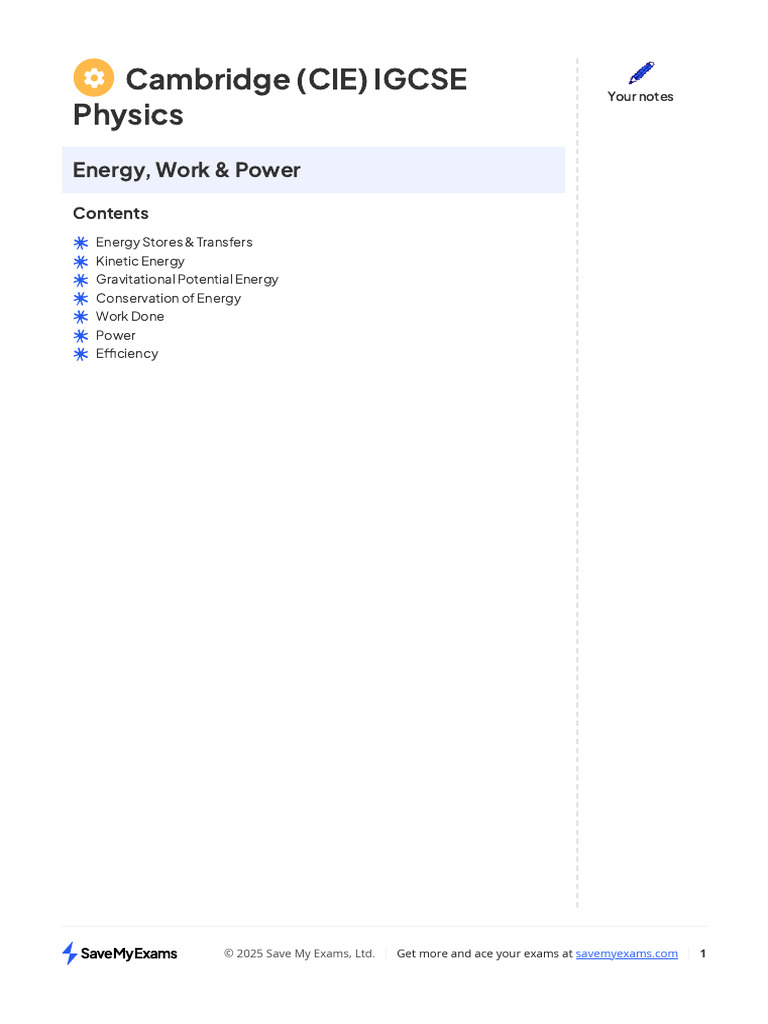 IGCSE PHYSICS Energy Work Power | PDF | Watt | Kinetic Energy