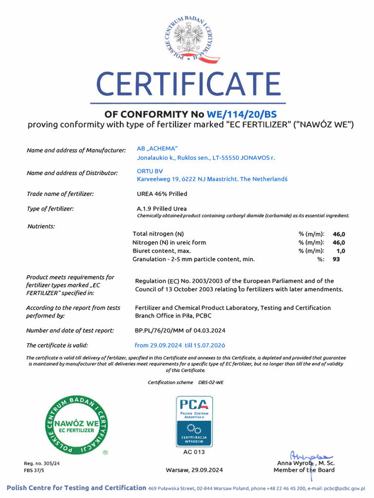 Urea Certificate of Conformity | PDF | Fertilizer | Urea