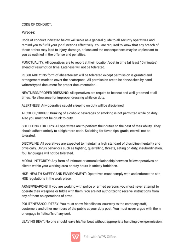 CODE OF CONDUCT For Security Staffs | PDF | Disciplines | Justice